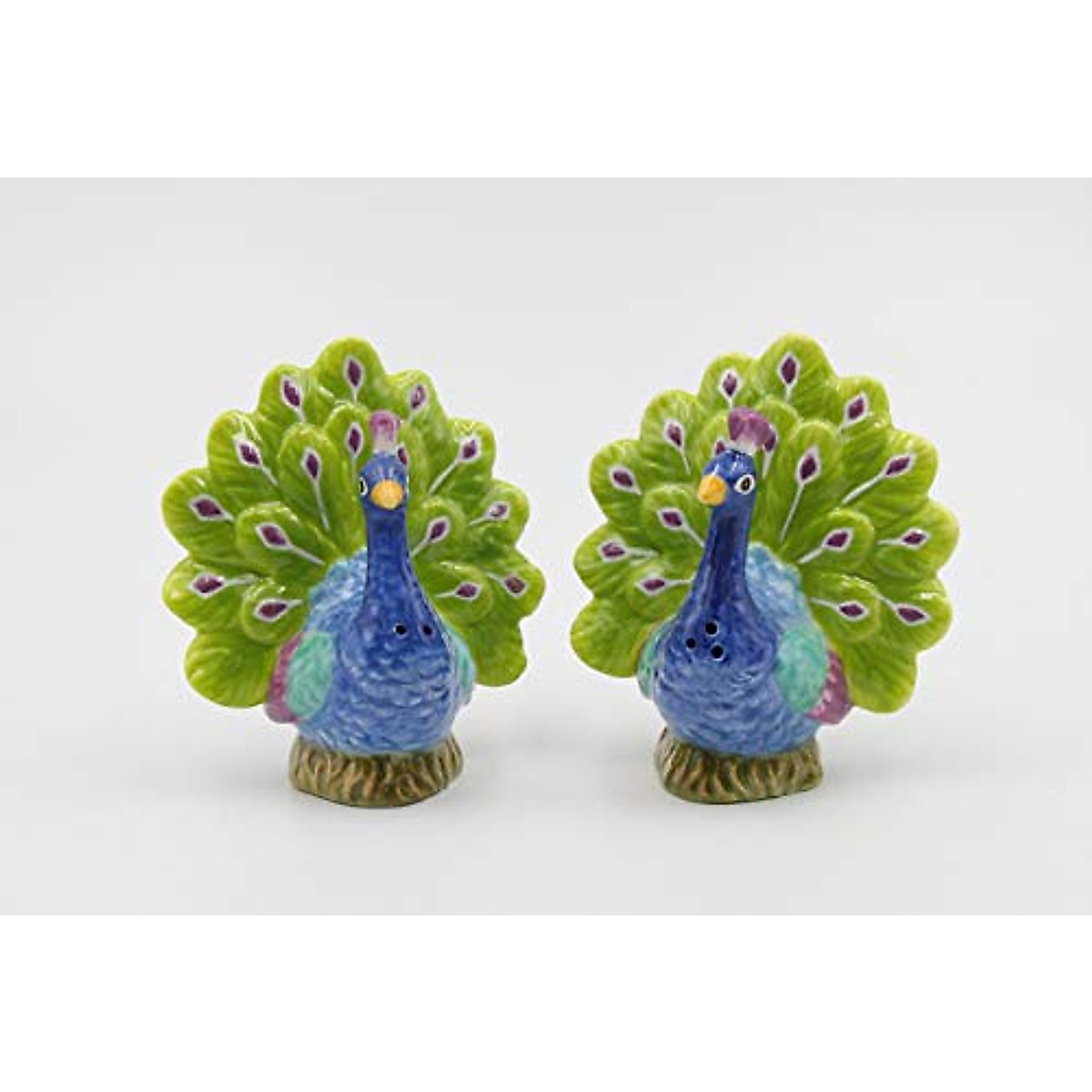 Fine Porcelain Peacock Open Fan Tail Salt & Pepper Shakers Set, 3-1/8" H