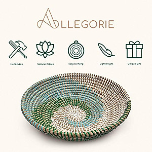 Allegorie Woven Basket Bowl Wall Hanging | Handmade Decorative Bowl with Hook | Chic Boho Décor, Ideal Housewarming Gift for Her | 13 Inches (Green & Blue)