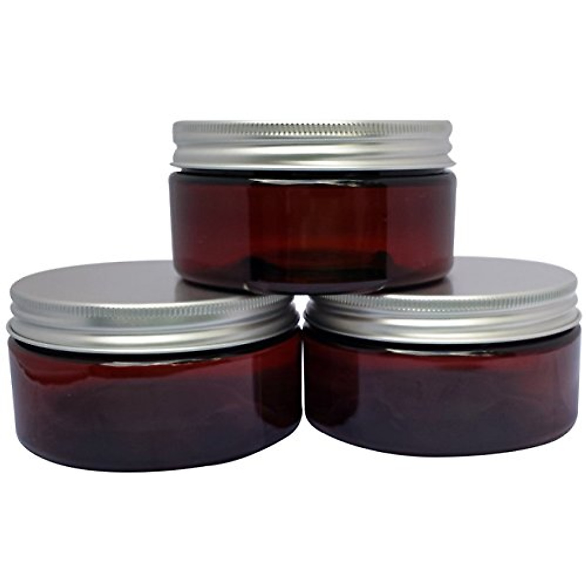 SanDaveVA Amber 8 oz Plastic Jars PET Heavy Wall Low Profile Wide Mouth Jars w/Air Tight and Leak Proof Lined Aluminum Caps 4/pk 8oz and 4 Spatula