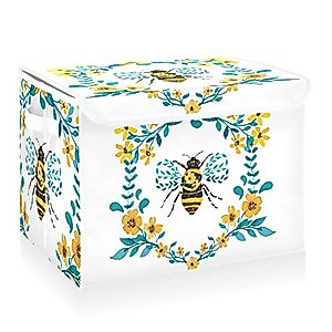 CaTaKu Watercolor Flower Bee Storage Bins with Lids and Handles, Fabric Large Storage Container Cube Basket with Lid Decorative Storage Boxes for Organizing Clothes