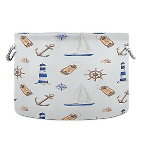 Kigai Watercolor Nautical Pattern Large Round Storage Basket with Handle, Collapsible Decorative Laundry Baskets for Blanket, Cotton Rope Organizer Toys Towels Nursery Hamper Bin, 20" x 14"