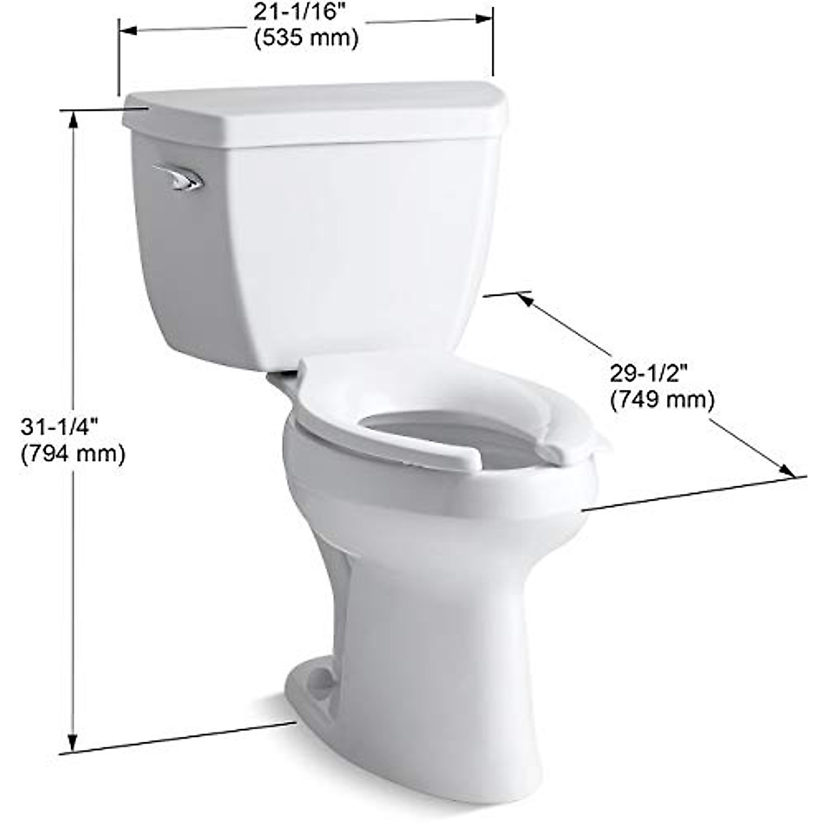 Kohler K-3493-0 Highline Classic Pressure Lite Comfort Height Elongated 1.6 gpf Toilet with Left-Hand Trip Lever, Less Seat, White