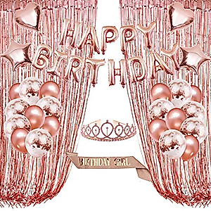 ZERODECO Rose Gold Birthday Party Decorations, Happy Birthday Banner, Glitter and White Table Runner, Sash, Queen Tiara, Fringe Curtains, Foil Confetti Balloon Party Decorations for Girls and Women