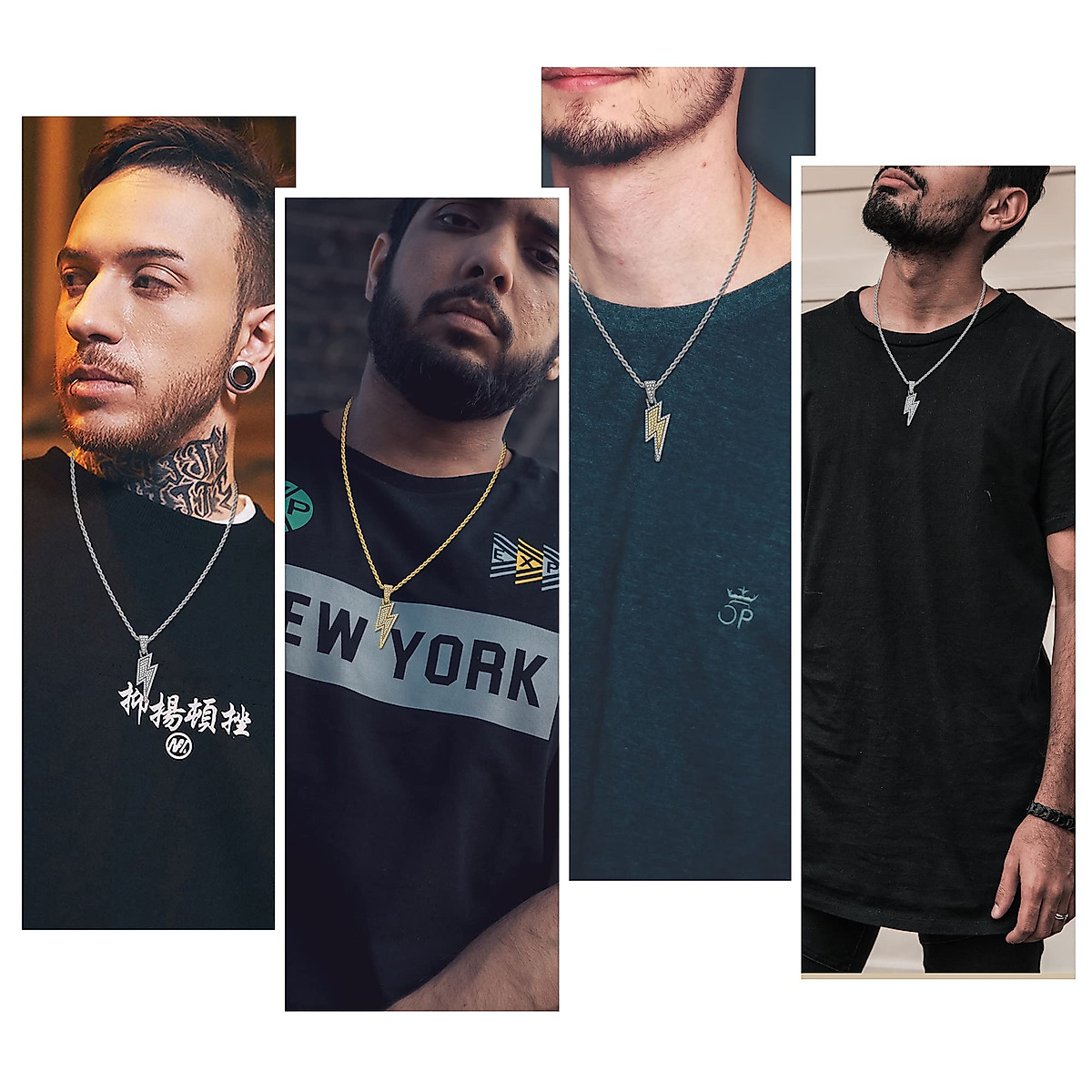 Jewenova Hip Hop Lighting Bolt Necklace, Gold And Silver CZ Iced Out Lighting Pendant, Rope Chain Jewelry For Wen Women Boyfriend Gifts with Box