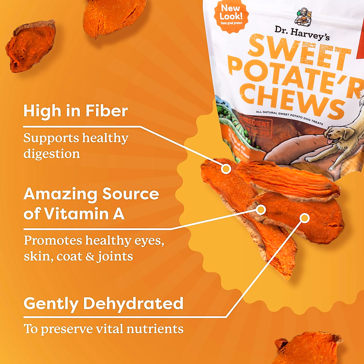 Dr. Harvey's Sweet Potato Chews for Dogs, Dog Treats for Small, Medium, Large Dogs, Natural Dog Snacks for Training, Healthy Teeth, Preventing Bad Breath, and Aggressive Chewers, USA Grown (3 Pack)