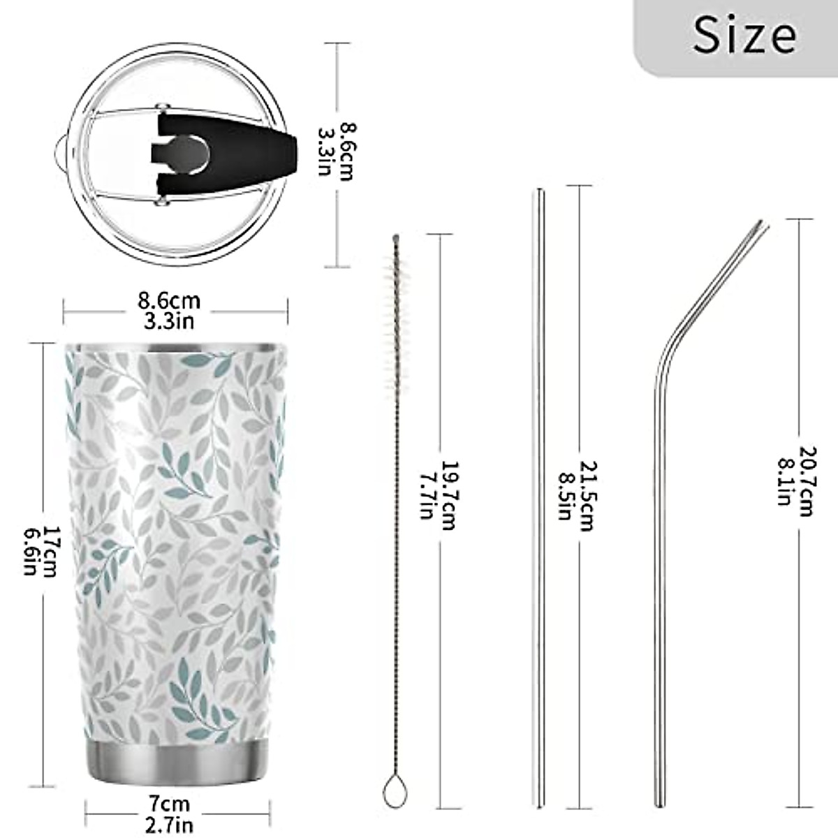 Blue Gray Leaves Branches Stainless Tumbler Insulated Coffee Cups with Lid and Straw Travel Mug for Hot and Cold Drinks 20oz