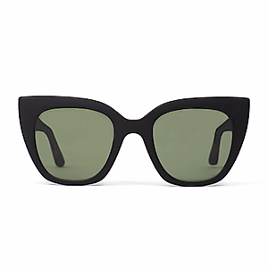 TOMS Women's Sydney Cat Eye Sunglasses, Matte Black W/Soft Touch Finish/Bottle Green Polarized, 50-23-148
