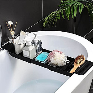 Bathtub Caddy Tray, Bathtub Accessories with Draining Design Breathable Without Moisture, Stable Placement, Can Hold Variety of Items, Expandable Plastic Bath Shelf (Black)