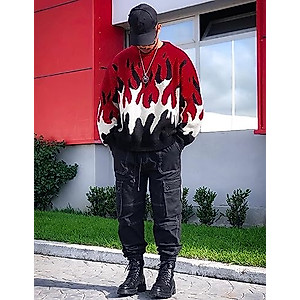 ZAFUL Mens Long Sleeve Flame Graphic Y2K Knit Sweaters Casual Oversized Sweater Pullover Wine Red XXL