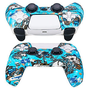 YoRHa Water Transfer Printing Silicone Thickened Cover Skin Case for PS5 Controller x 1(Witch) with Thumb Grips x 10