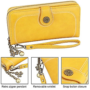 Coolstar Wallets for Women & Men PU Leather Clutch Wallet with Credit Card Holders Wristlet Phone Checkbook Organizer Large (Yellow with Sunflower Snap), Sunflower Snap + Yellow