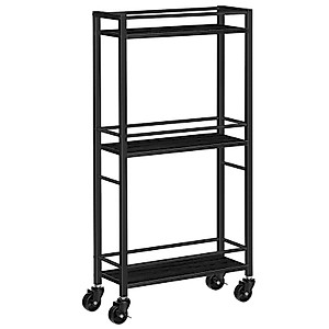 MAHANCRIS Slim Rolling Cart, Mobile Kitchen Cart on Wheels, Narrow Storage Cart for Small Space, Wooden Service Cart, for Bathroom, Laundry, Living Room, Black RCHB1501