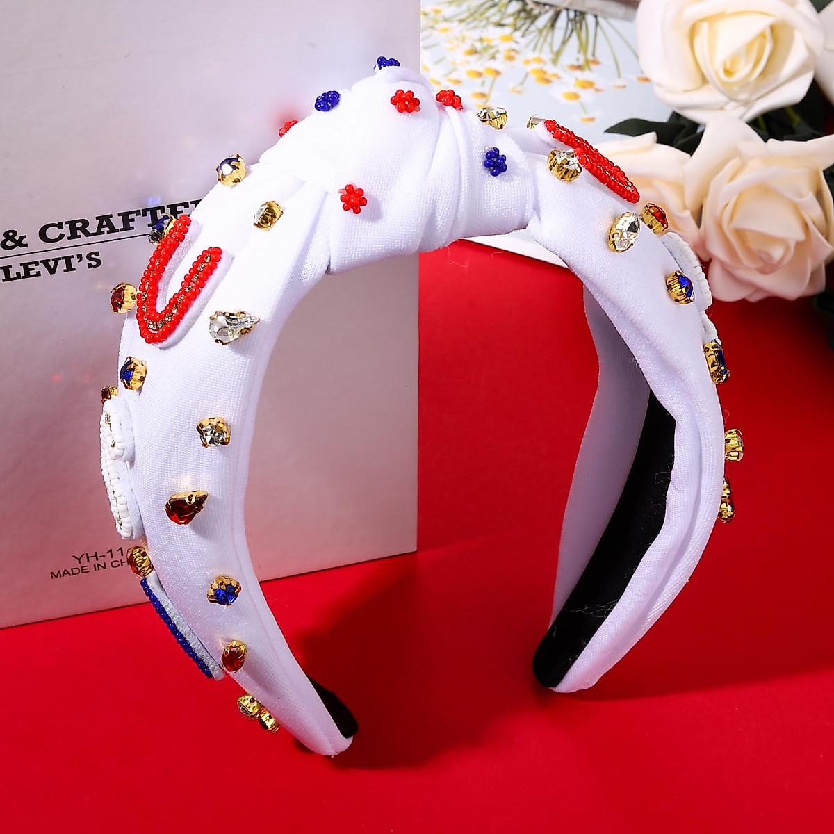 MOLOCH American Flag Headband 4th of July Headband Red White Blue USA Stripe Knotted Headband for Women Rhinestone Crystal Patriotic Hairband Party Hair Accessory