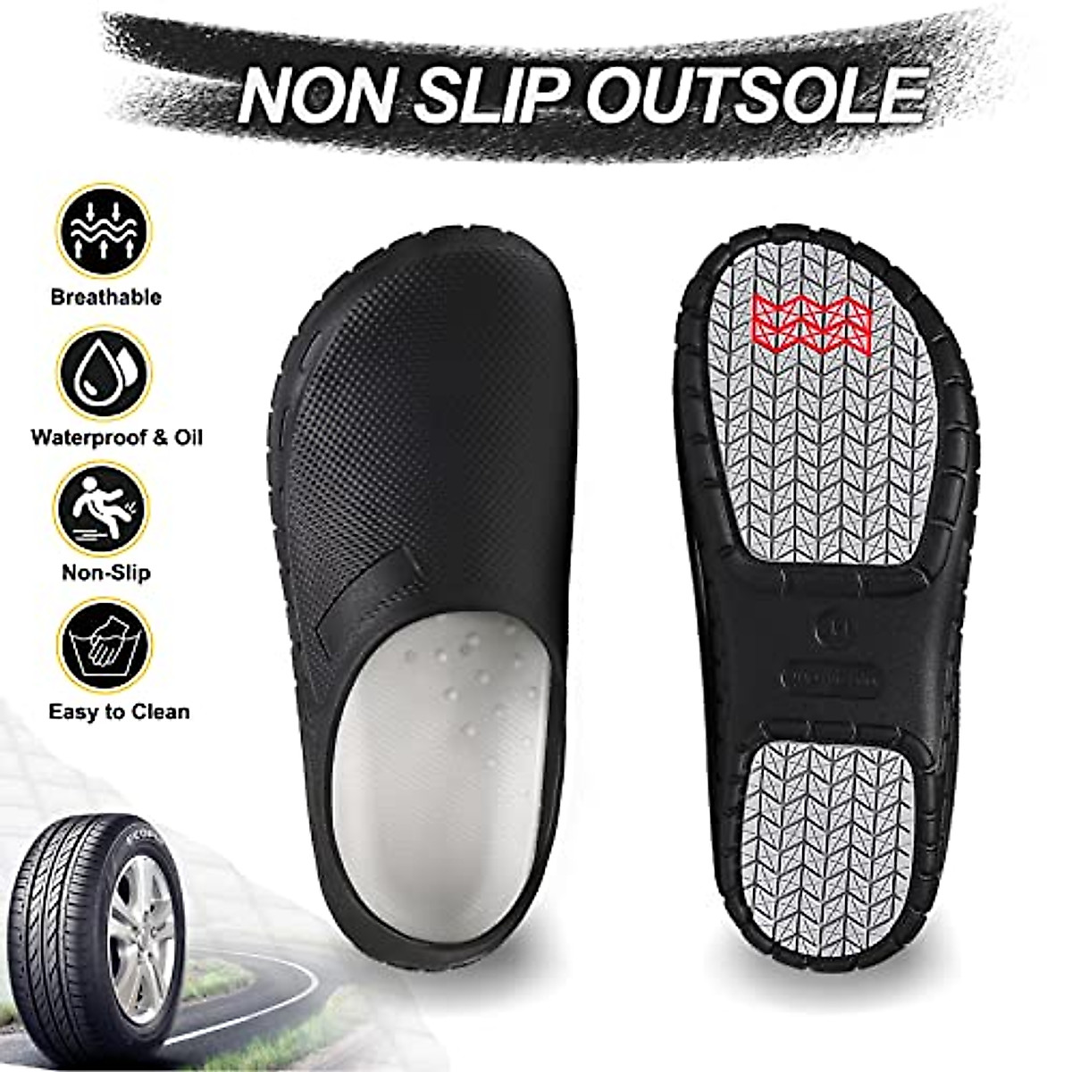 Zapatos Nonslip Water Proof Oil Work Clogs, Comfortable Nursing Nurse Shoes for Gardener Food Service, Office Seaside Extra Wide Clog-Men's Mules Chef Shoes Black
