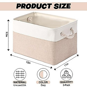 Storage Bins 3 Pack, Fabric Storage Basket for Collapsible Large Canvas Storage Baskets for Organizing Shelf Nursery Home Closet with Cotton Rope Handle (White&Khaki-15(L) x 11(W) x 9.5(H) in-3PCS)