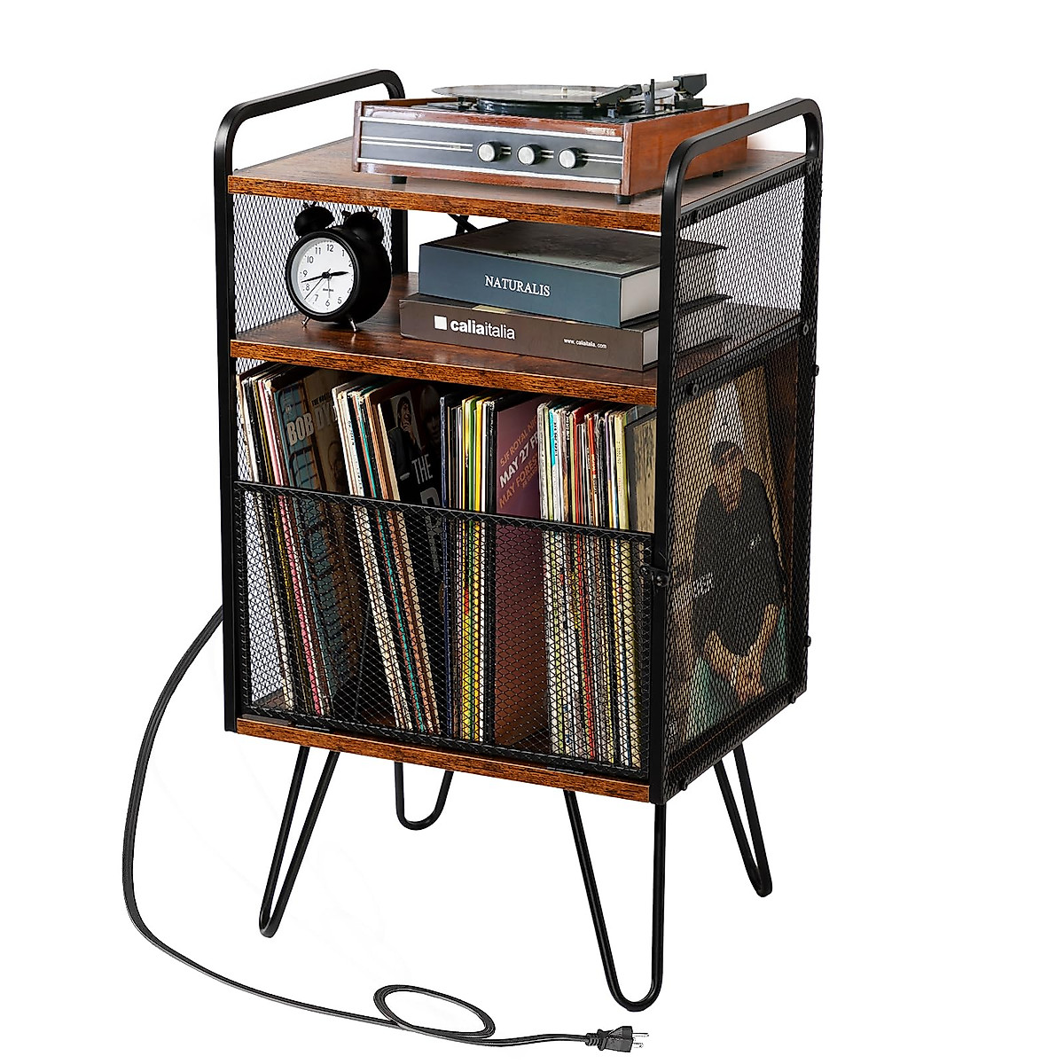 Hadulcet 3 Tier End Table, Record Player Stand with USB Ports and Outlets, Turntable Stand for Vinyl Storage with 3 Dividers, Industrial Side Table for Living Room Bedroom, Rustic Brown