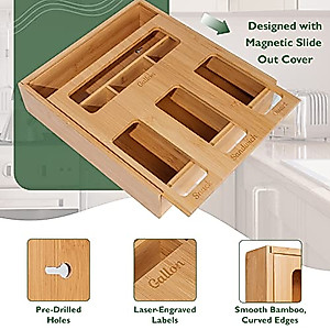 Ziplock Bag Storage Organizer for Kitchen Drawer - Bamboo Zip Lock Plastic Baggy Dispenser - Magnetic Sliding Lid for Easy Refill - Ziplock Bag Organizer Fits Gallon, Quart, Sandwich, Snack Baggies