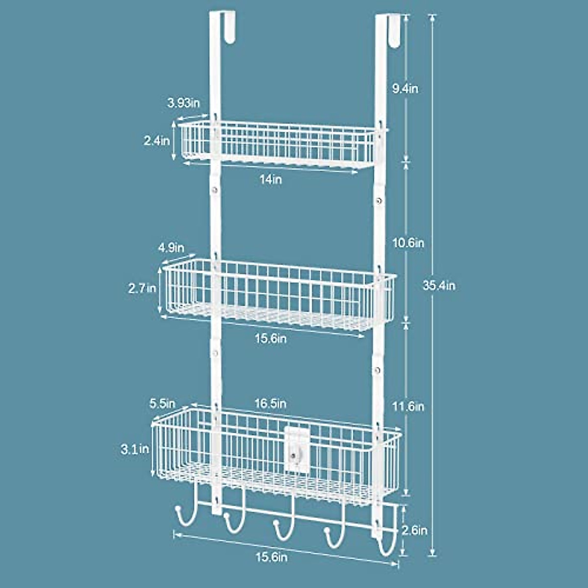 Over The Door Basket Organizer 3 Tier Hanging Kitchen Storage Rack Heavy Duty Pantry Organizer with 3 Basket and 5 Hooks Door Back Metal Wire Basket for Kitchen, Bathroom, Office, White