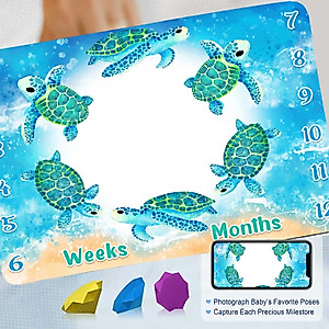 FHZON Turtle Milestone Blanket Blue Sea Life Baby Blanket Beach Newborn Gift with Week Months Swaddling Bag 48x40in BTLSFH127