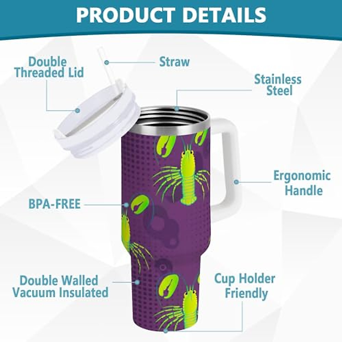 Lobsters Yellow Green Purple Double Insulated Tumblers with Handle and Straw Lid for Water, Insulated Tumbler 30 OZ / 0.89 L