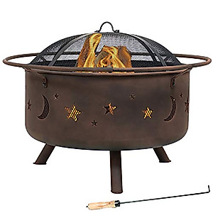 Sunnydaze Cosmic 30-Inch Fire Pit with Cooking BBQ Grill Grate, Spark Screen, and Fireplace Poker - Celestial Design