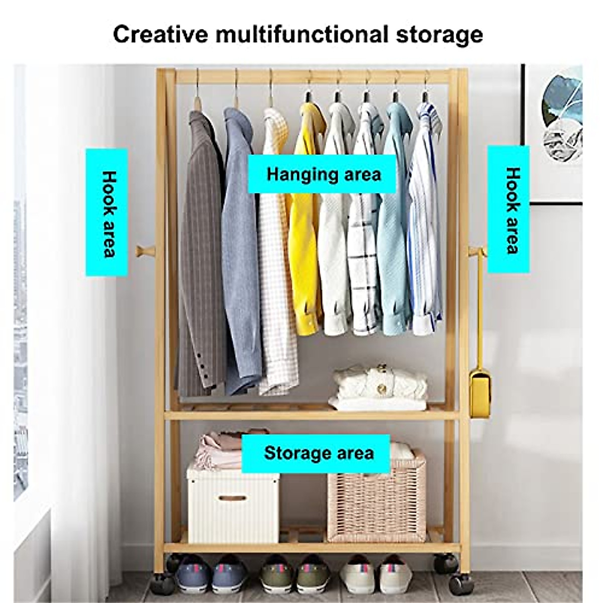 ZJDU Solid Wood Garment Rack,Clothes Rack with Shelves -Rolling Closet Organizer,with Storage Shelves Clothes Hanging Rack, for Entry Ways, Bedrooms,Brown,60×35×150cm
