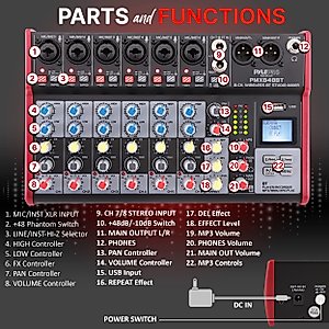 Pyle Professional Wireless DJ Audio Mixer - 8-Channel Bluetooth Compatible DJ Controller Sound Mixer w/USB Port, 6 Mic/Line Input, ¼” Mono/Stereo Input, Headphone Jack, 48V Phantom Power - PMX848BT