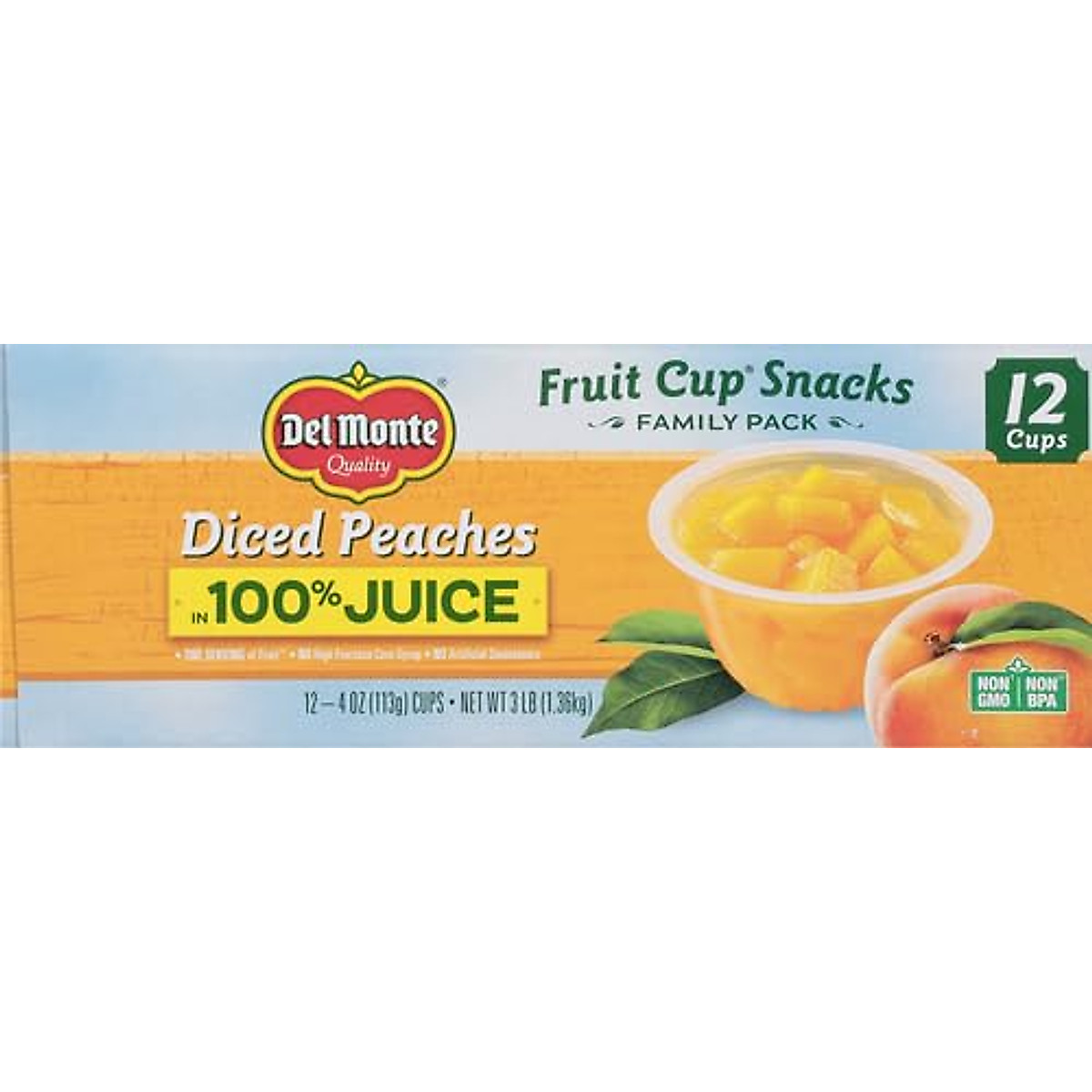 DEL MONTE Diced Peaches FRUIT CUP Snacks in 100% Fruit Juice, 12 Pack, 4 oz