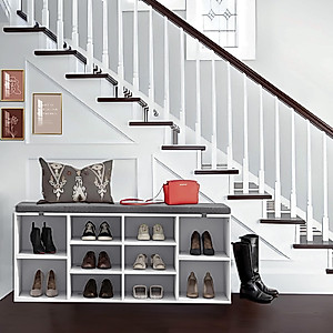 NUNU LAB Shoe Storage Bench, Shoe Bench with Removable Cushion, Storage Entryway Bench with 10 Cubbies, Space Saving Shoe Rack with Bench, 41 x 12 x 16.75 Inches, White Shoe Bench