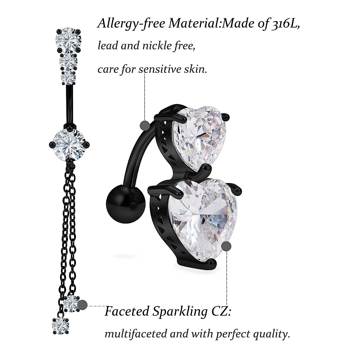 Vsnnsns 14G Belly Button Rings Belly Rings for Women Stainless Steel Belly Piercing Jewelry Surgical Steel Dangle Belly Button Rings Curved Navel Ring Barbell Heart CZ Body Jewelry Piercing Black