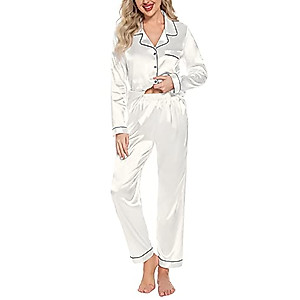 Senert Women's Long Sleeve Sleepwear Button Down Satin 2 Piece Pajama Set White,Medium