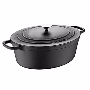 BBQ by MasterPRO - 7 Qt Pre Seasoned Cast Iron Oval Dutch Oven with Self Basting Lid and Stainless Steel Handle, 7 Quarts, Black