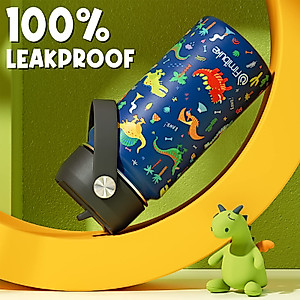 Fimibuke Kids Insulated Water Bottle, 14oz BPA FREE 18/8 Stainless Steel Travel Tumbler Double Wall Vacuum Leak Proof Kids Cup with Straw Metal Bottle for School Boys Girls(1 Pack, BLUE DINOSAUR)