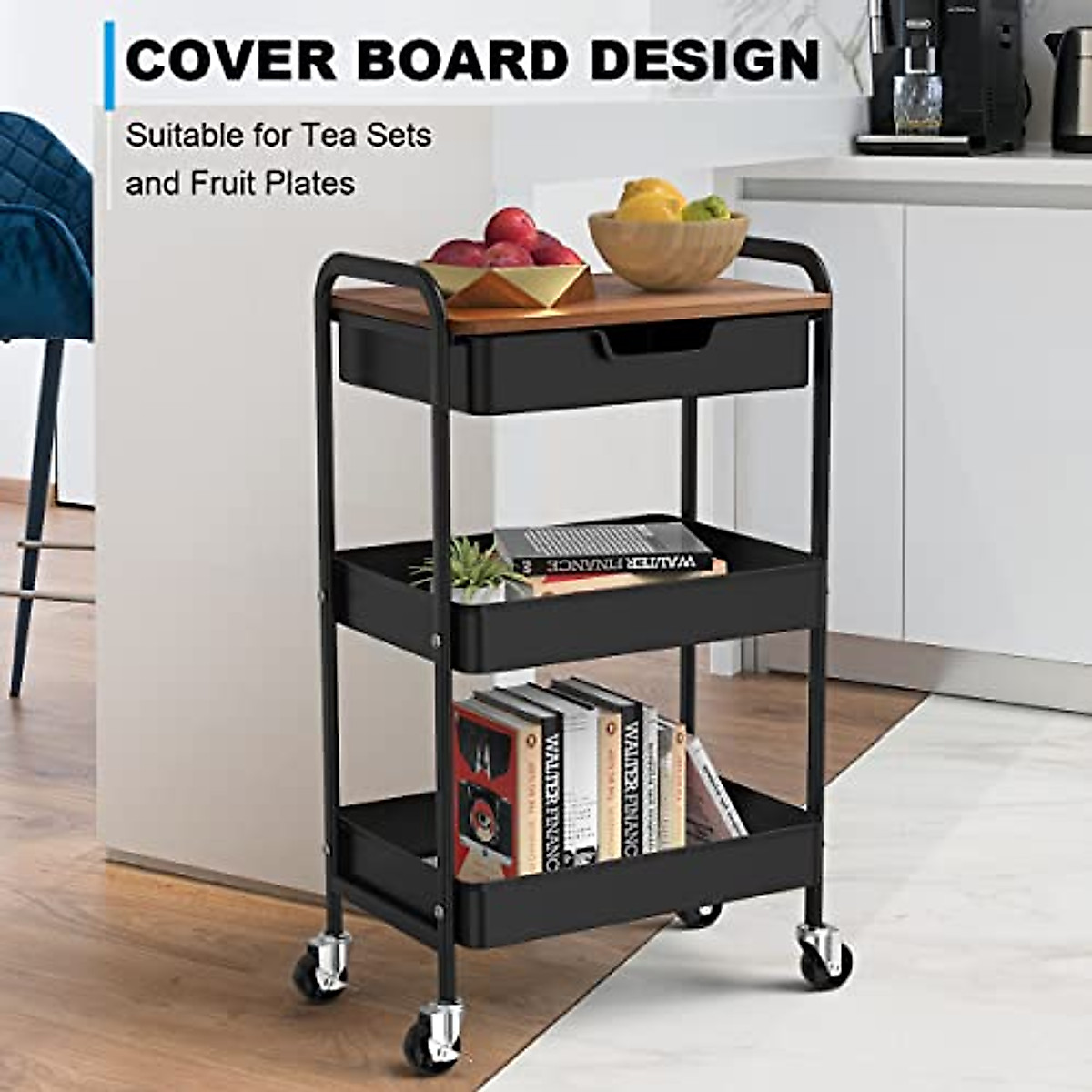 Aratan Utility Rolling Cart with Table Top, 3 Tier Metal Storage Cart with Drawer, Kitchen Organizer Cart with Handle and Locking Wheels for Bathroom Office Balcony Living Room (Black)