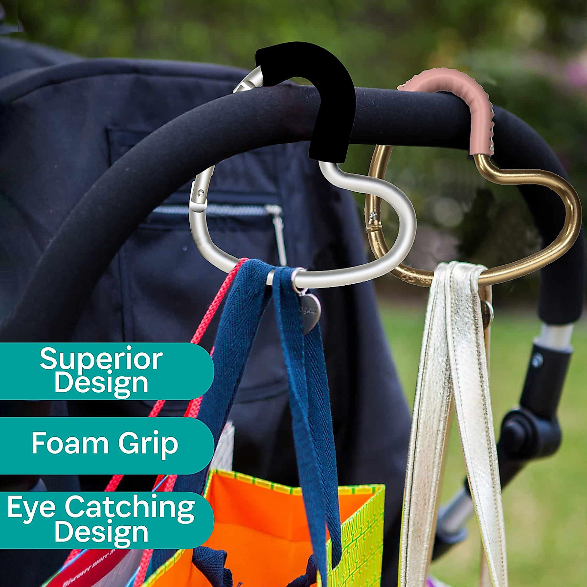 BUGGY HEART HOOK by BUGGYGEAR - The Perfect Way to Carry Your Baby Diaper Bag - Use The Hook on Your Stroller Handle Bars and Let The Hooks Do The Work - Hook Your Bags, Purse and Bottles