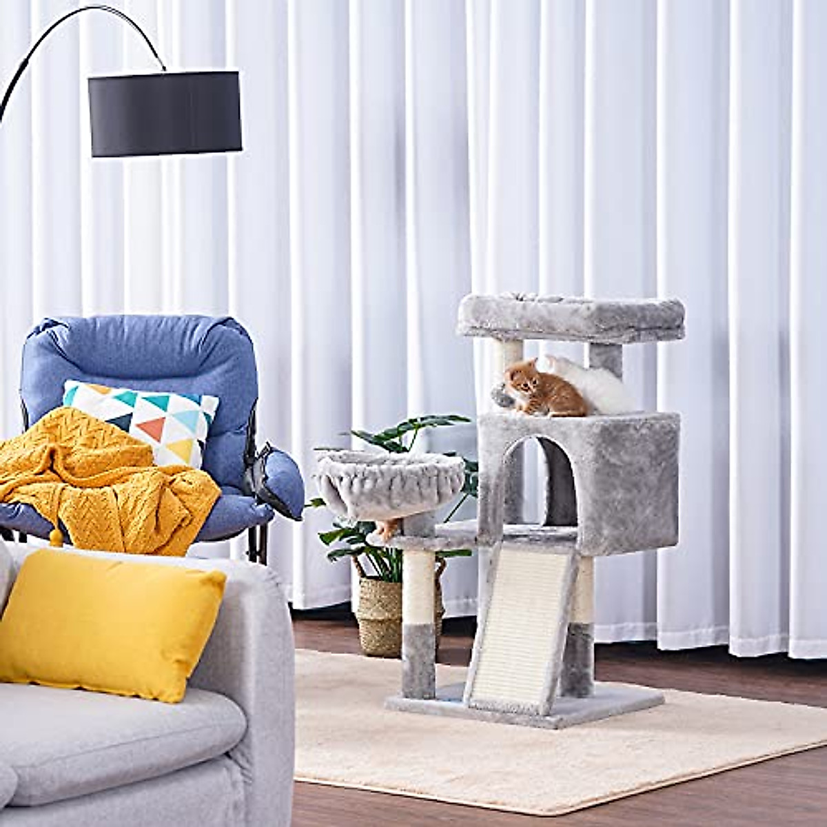 Hey-brother Cat Tree with Sisal Scratching Posts, Cat Tower with Scratching Board,Multi-Level Cat Condo with Basket,Light Grey MPJ014W