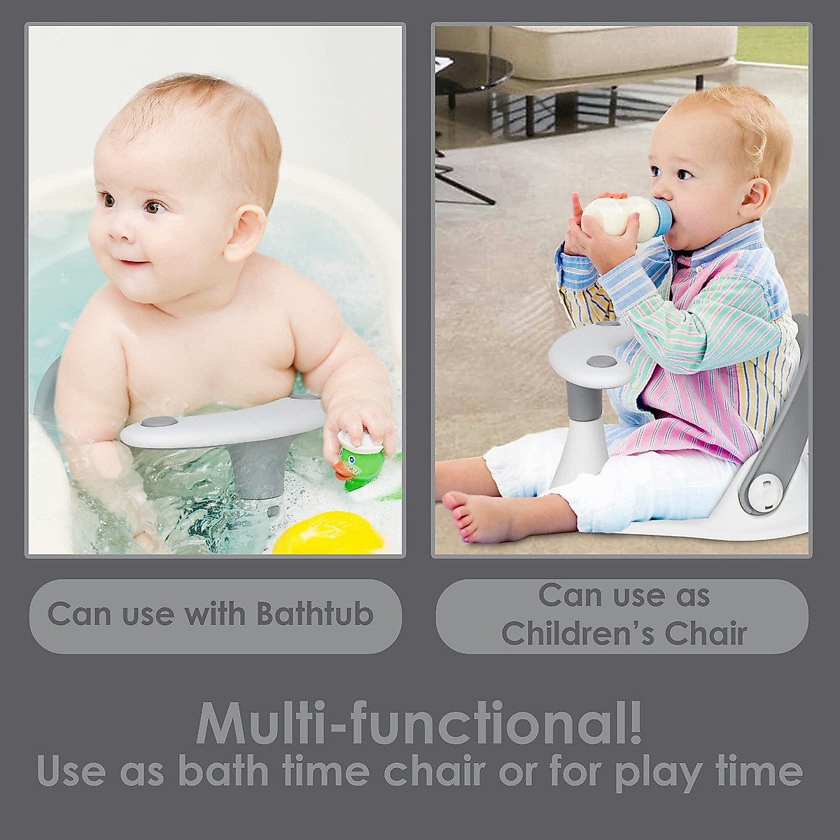 BEBELEH™ Baby Bath Seat [Original] – Baby Bath Portable Chair + Carry Bag + Baby Bath Thermometer – Compact and Foldable – Ultra Strong Suction Cups – Non-Slip Padding Infant Seat. Ideal Gift! (Grey)