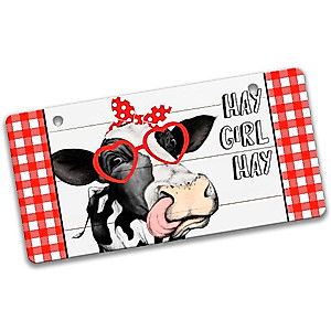 Hay Girl Hay Sassy Cow In Red Heart Shades - Perfect for a Wreath Sign - Farmhouse Metal Kitchen Wall Hanging - Indoor Outdoor Yard Decor - 6x12