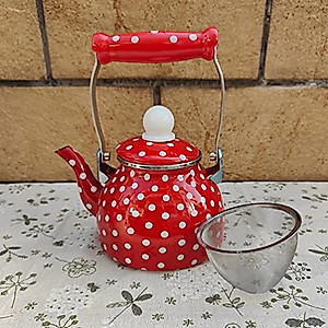 CALLARON Enamel Tea Kettle Enamel Tea Kettle Metal Tea Pot Hot Water Boiling Jug with Wood Filter Coffee Maker Water Warmer Gas Stovetop Teapot for Home Kitchen Winter 1.5L Red