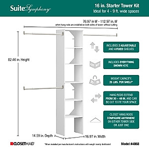 ClosetMaid SuiteSymphony Wood Closet Organizer Starter Kit with Tower and 3 Hang Rods, Shelves, Adjustable, Fits Spaces 4 – 9 ft. Wide, Pure White, 16"