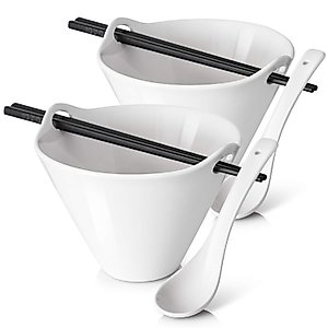 DOWAN Ramen Bowls Set of 2, Japanese Noodle Bowls with Chopsticks and Spoons, 20 Ounce Deep Pho Bowls, White Kitchen Bowls for Ramen, Soup, Dishwasher & Microwave