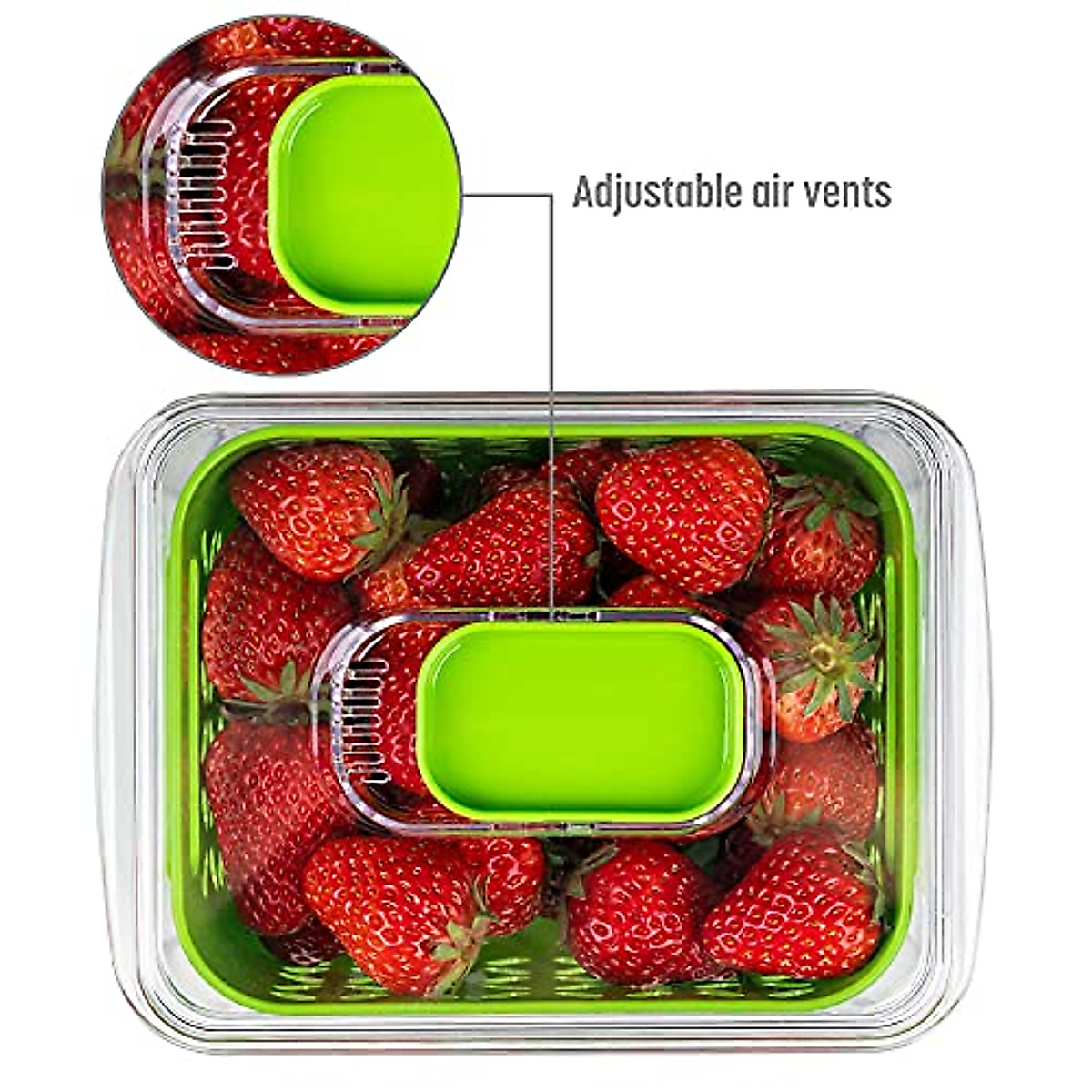 Goodful Produce Keeper, Adjustable Air Vents, Removable Insert/Colander, Durable Food Safe Material, Stackable, Clear and Green, Small, 7.6" x 5.6" x 4.2", Two Pack