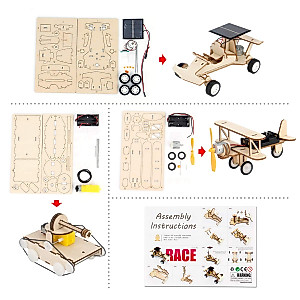 Mini Tudou 3D Wooden Puzzle Solar Car, 3-in-1 STEM Science Kit Toy to Build Wood Models Including Solar Power Vehicle Electronic Tank and Plane Toys Set, DIY Educational Play Set for Kids Boys Girls