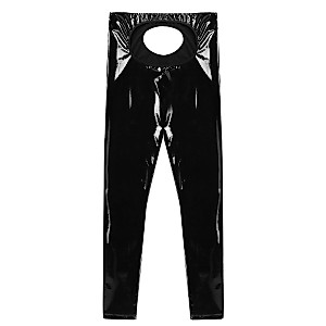 TiaoBug Men's Wet Look PVC Leather Hollow Pouch Tight Pants Leggings Trousers Black 3X-Large