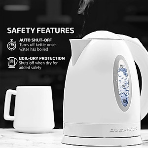 Ovente Electric Kettle 1.7 Liter Cordless Hot Water Boiler, 1100W with Automatic Shut-Off and Boil Dry Protection, Fast Boiling BPA-Free Portable Instant Heater for Making Tea, Coffee, White KP72W