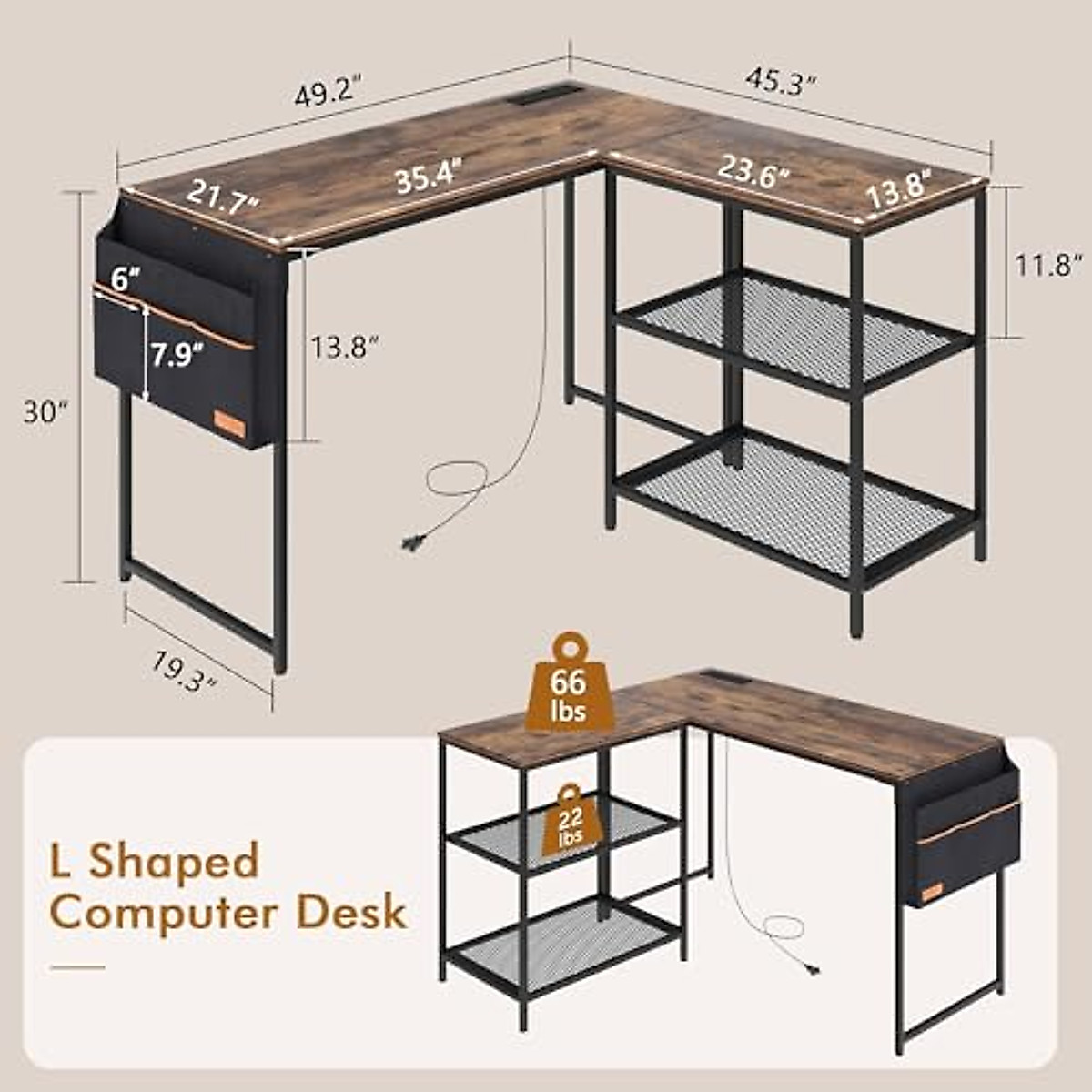 VECELO L Shaped Computer Desk 49 Inch Writing Study Corner Gaming Table with Storage Shelves and Side Bag, for Home Office Workstation