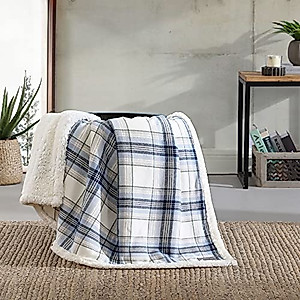Eddie Bauer - Throw Blanket, Cotton Flannel Home Decor, All Season Reversible Sherpa Bedding (Edgewood Plaid Blue, Throw)