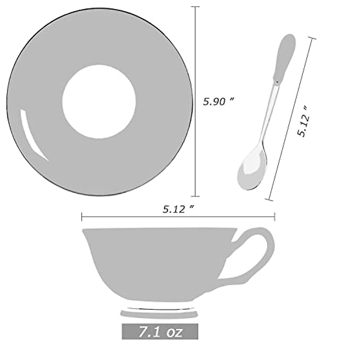 3 Piece Bone China Cup and Saucer Set with Spoon Vintage Porcelain Coffee Cup Set, Floral Tea Cup Set with Gold Trim and Gift Box, 7.1oz.