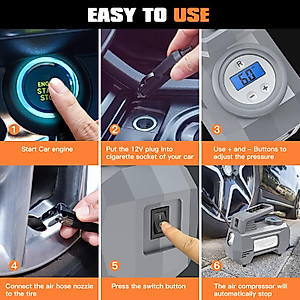 HAUSBELL tire inflator portable air compressor for car, portable air pump for car tires, Handle up to 4 Tires at a Time, 12V DC Car Air Pump, 150 PSI with Emergency LED Light (Grey)