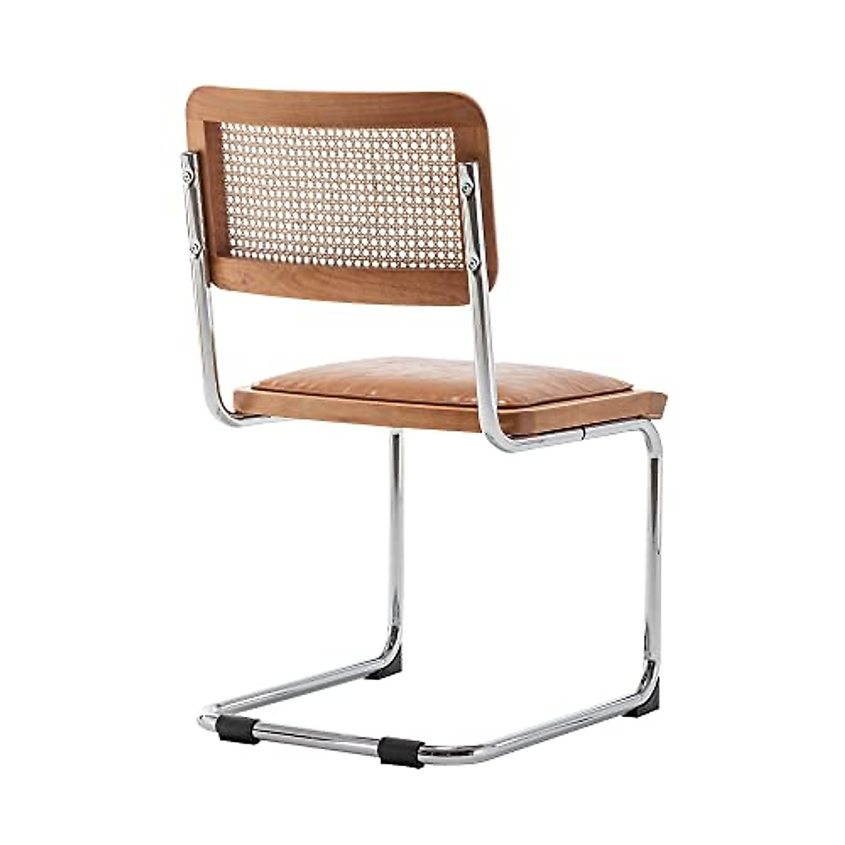 Alunaune Mid Century Modern Dining Chairs Set of 2, Upholstered Natural Rattan Kitchen Accent Chairs, Armless Side Chair with Metal Chrome Legs for Bedroom Living Room-Brown with PU Seat